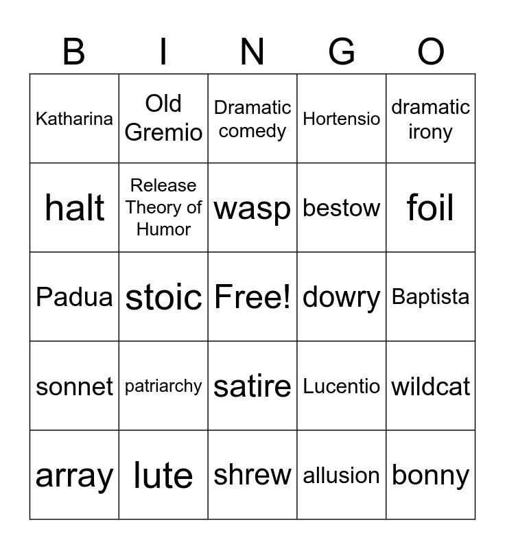 Taming of the Shrew Bingo Card