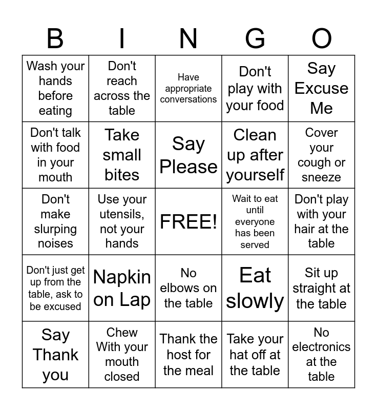 TABLE MANNERS Bingo Card