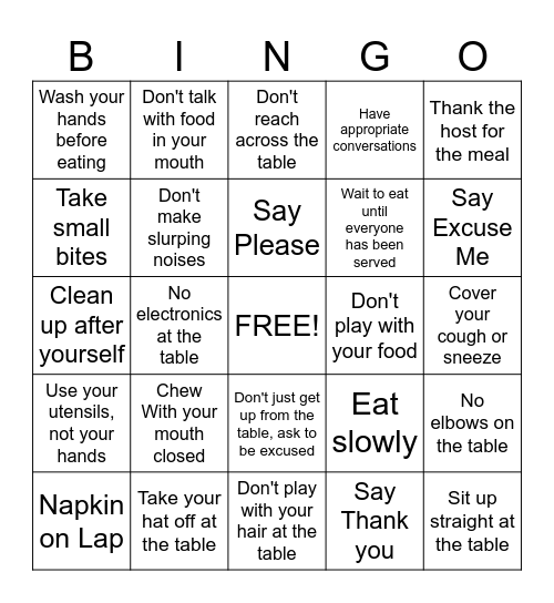 TABLE MANNERS Bingo Card