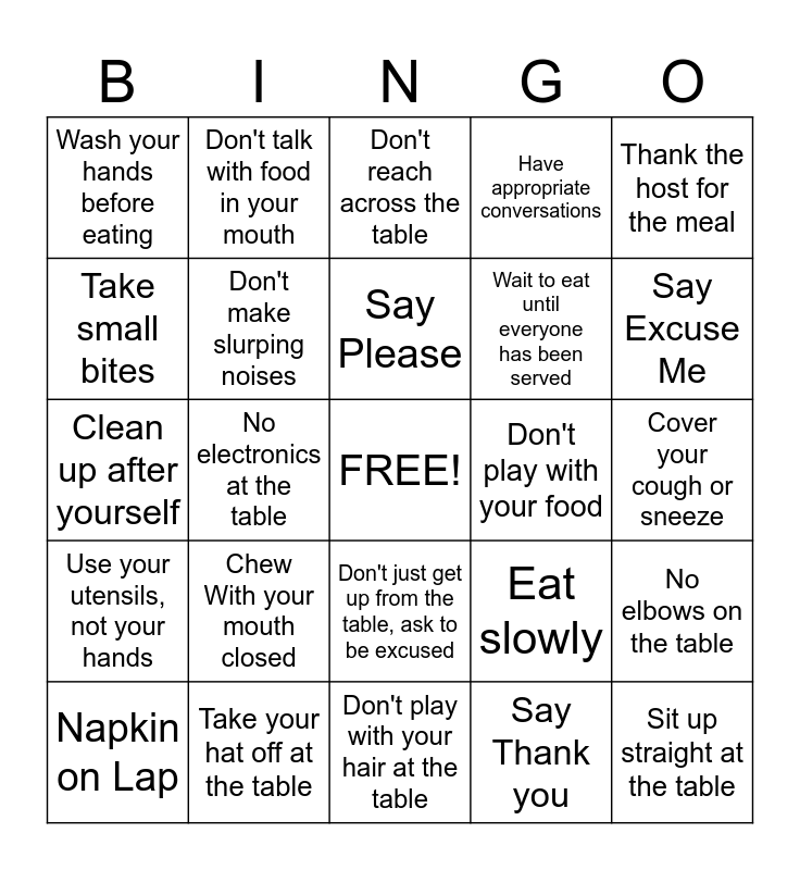 TABLE MANNERS Bingo Card