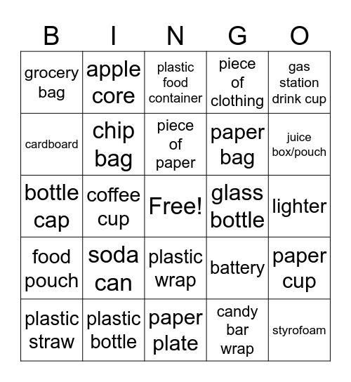 Trash Pick Up Bingo Card