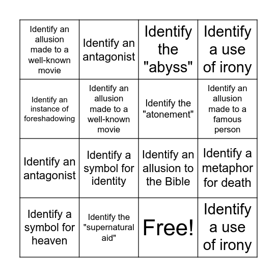 Rango Literary Analysis Bingo Card