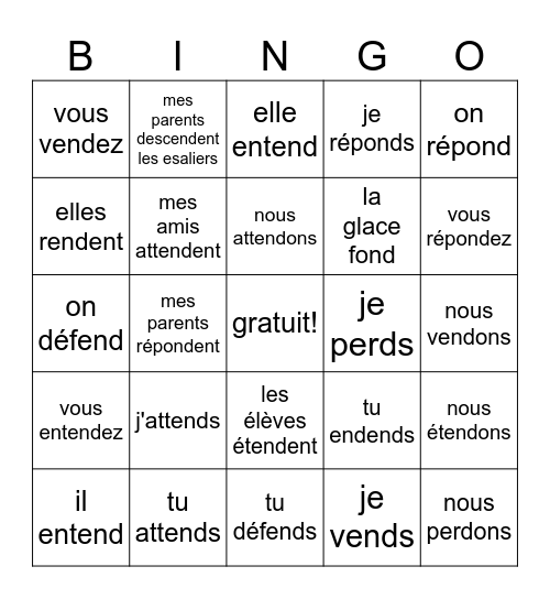 Les Verbes en RE Bingo Card