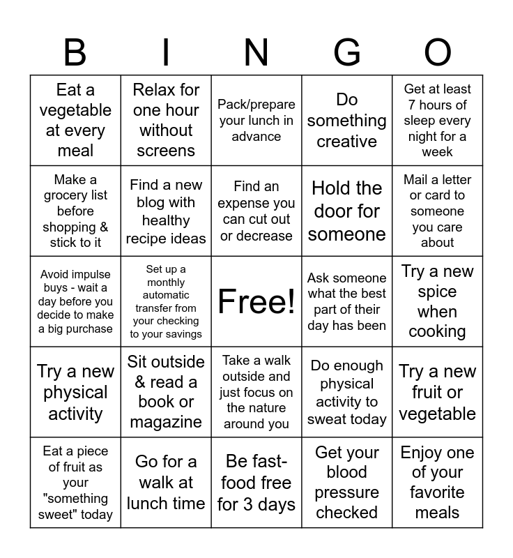 Healthy Bingo Card