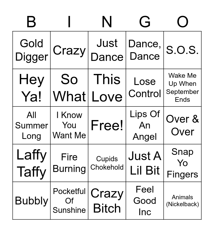 2000-2010 Hits List 2 Bingo Card