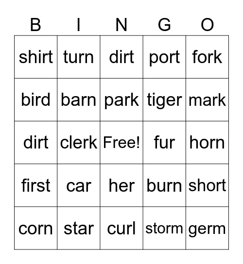 R-Controlled Vowels Bingo Card