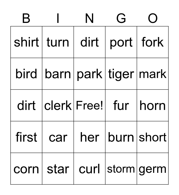 R-Controlled Vowels Bingo Card