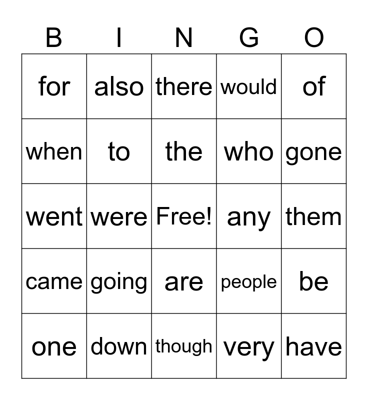 3rd Grade Sight Words Bingo Card
