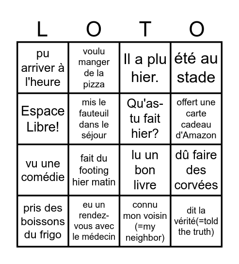 TB1 8B Passé composé des verbes irréguliers Bingo Card