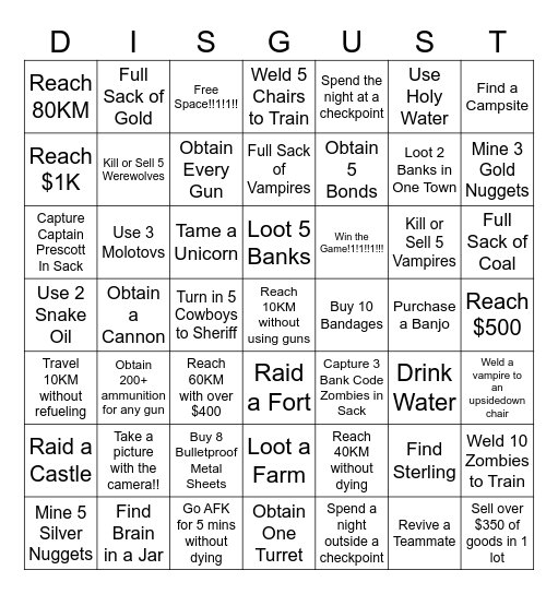 Dead Rails Disgust Bingo Card