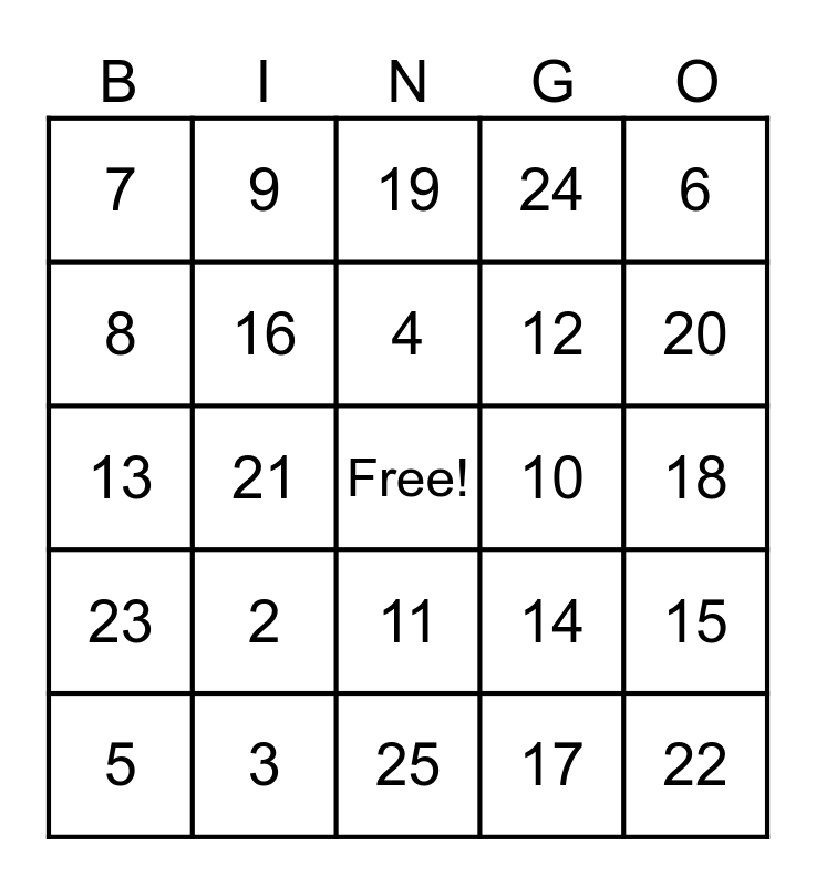 5 In a Row Bingo Card