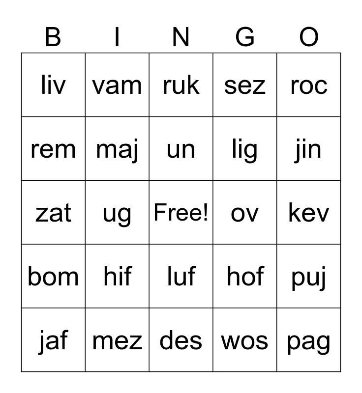 Nonsense word Bingo Card