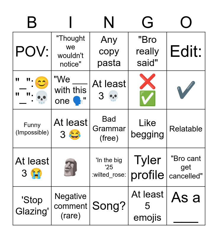 YouTube Shorts Comments Bingo Card