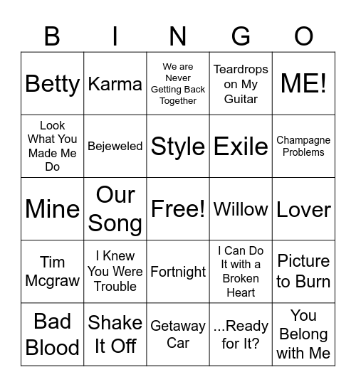 Taylor Swift Hits! Music Bingo Card