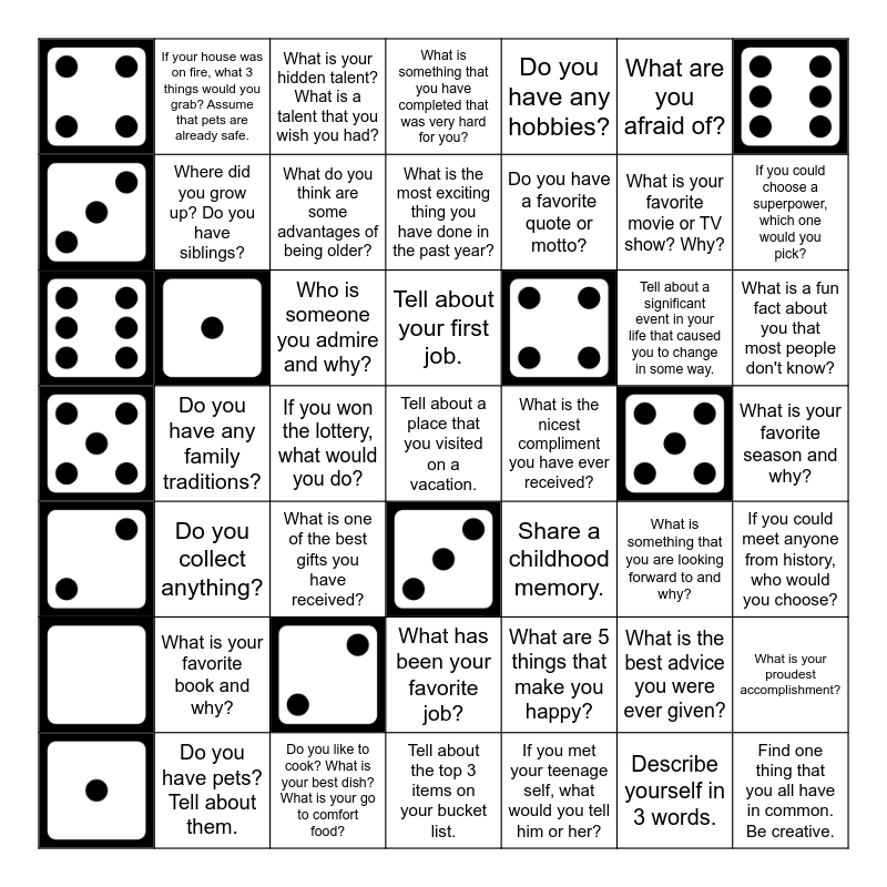 Table Talk Dice Bingo Card
