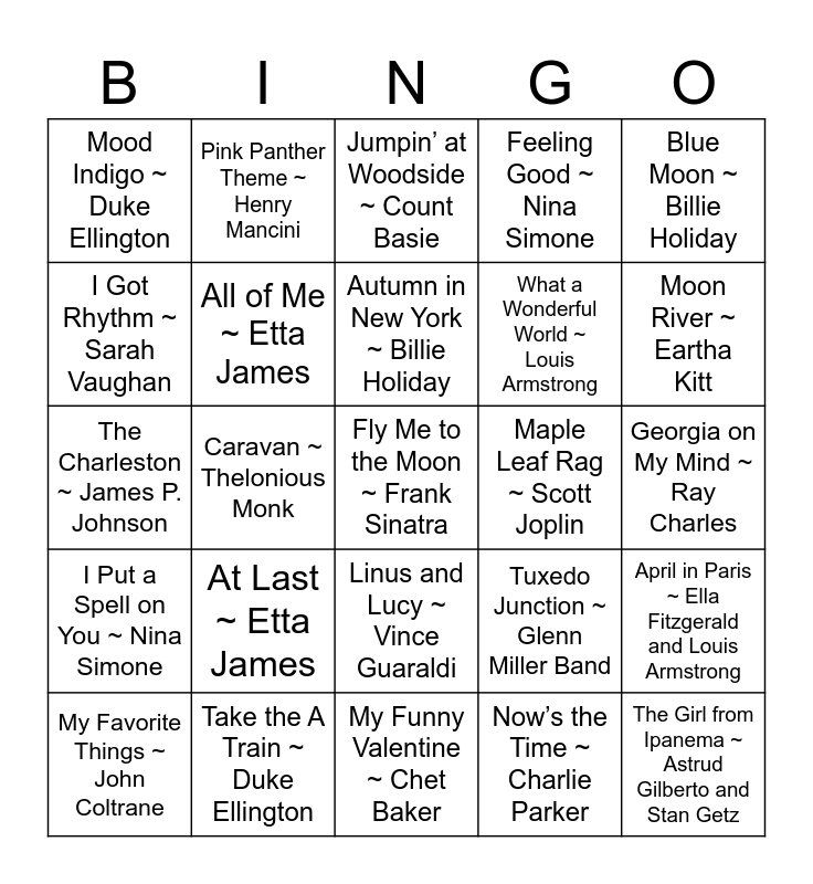Jazz History Music Bingo Card