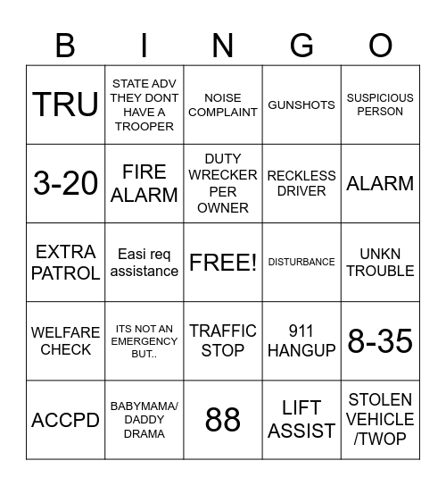 911 dispatcher Bingo Card