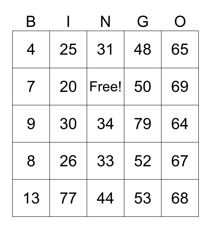 Number Bingo 1-80 Bingo Card