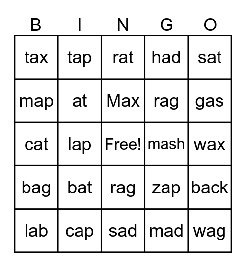Max's Short "a" Words Bingo Card