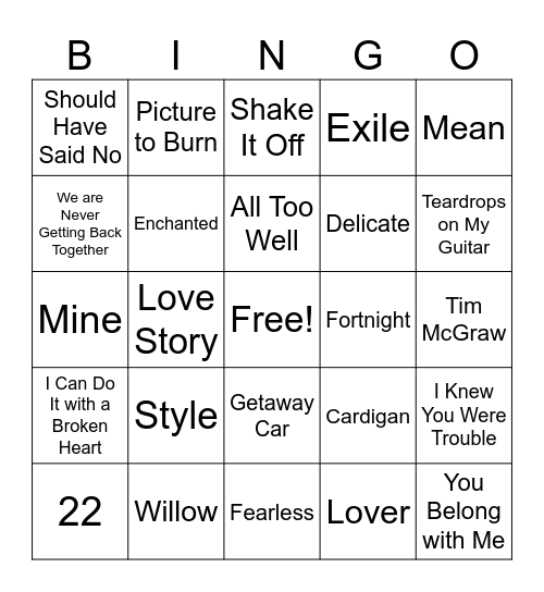 Taylor Swift Hits! Music Bingo Card