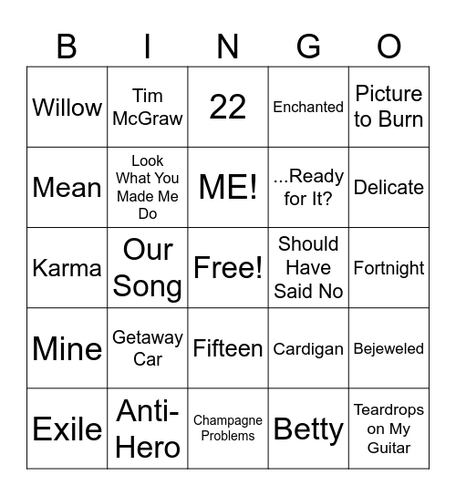 Taylor Swift Hits! Music Bingo Card