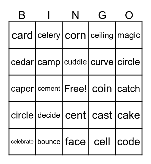Hard and Soft "c" Bingo Card