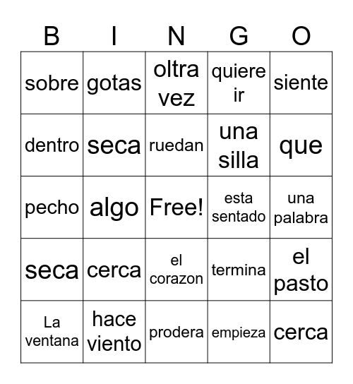 Chapter 3 spanish words Bingo Card
