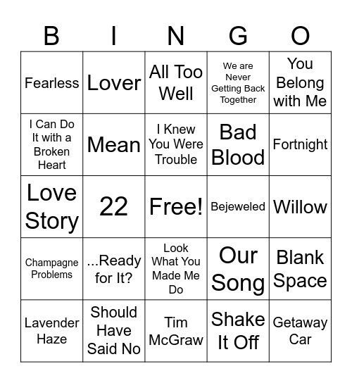Taylor Swift Hits! Music Bingo Card