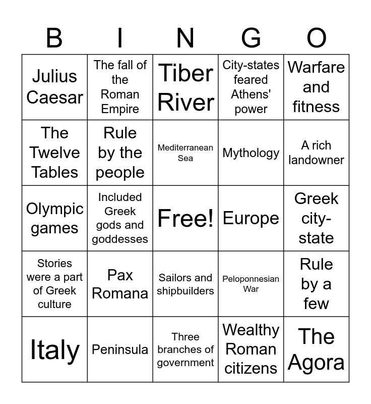 Ancient Greece and Rome Bingo Review Bingo Card
