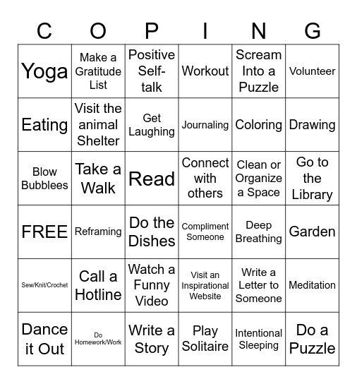 Coping Strategies Bingo Card