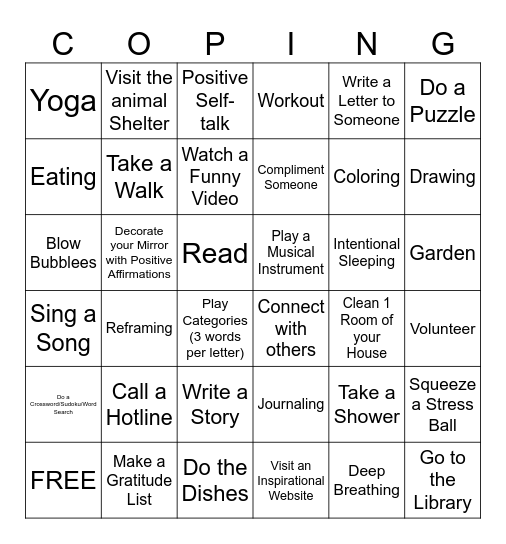 Coping Strategies Bingo Card