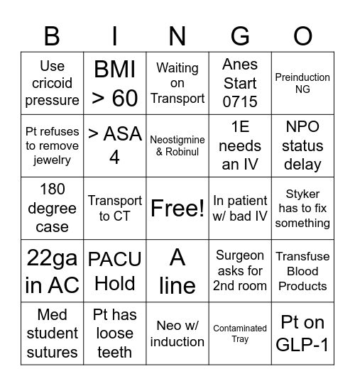 Anesthesia Bingo Card