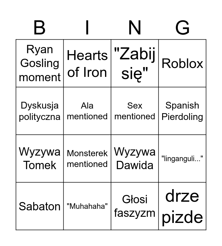 Wojtek Łapok uwu bingo Card