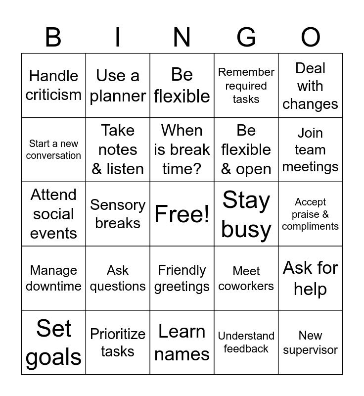 Pre-Internship Bingo Card