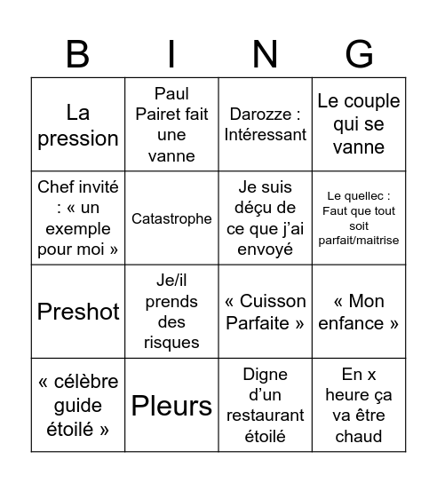 TOP CHEF Bingo Card