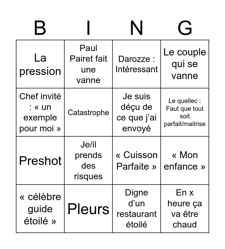 TOP CHEF Bingo Card