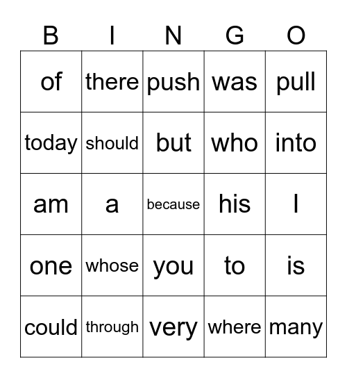Sight word Bingo Card