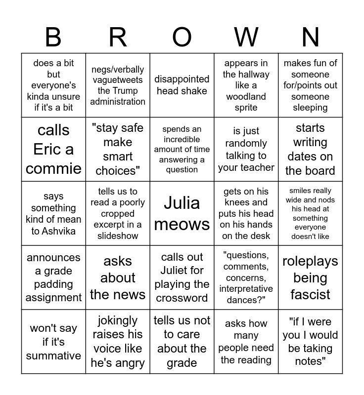 Brown Bingo Card