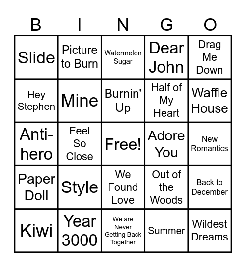 Taylor Swift and Her Exes Music Bingo Card
