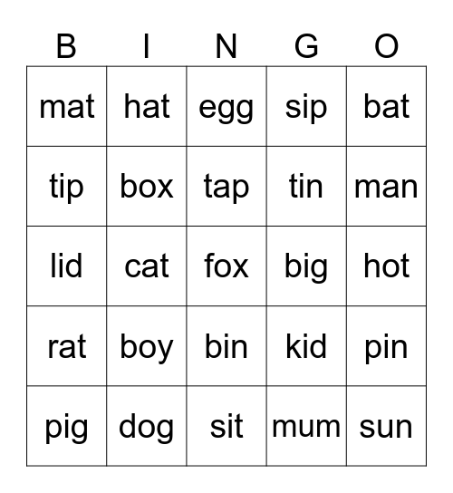 CVC Words Bingo Card