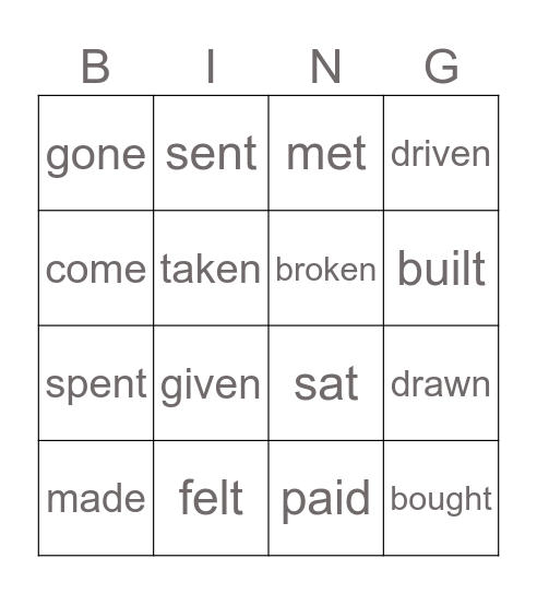 Past Participle Verbs Bingo Card