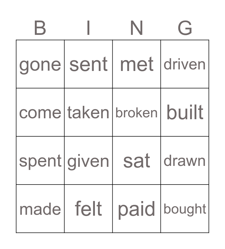 Past Participle Verbs Bingo Card