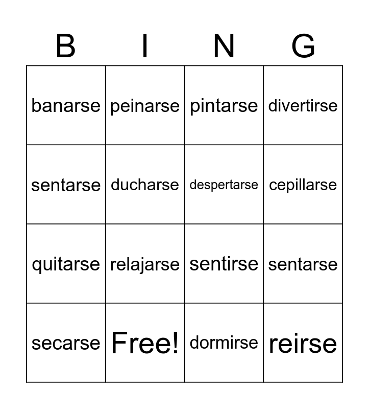 Verbos reflexivos Bingo Card