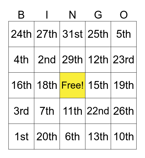 Ordinal Numbers Bingo Card