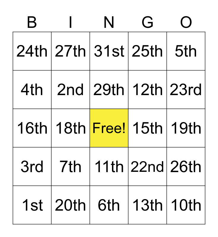 Ordinal Numbers Bingo Card