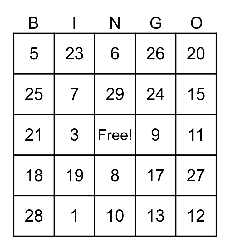 Number 1-30 BINGO Game Bingo Card