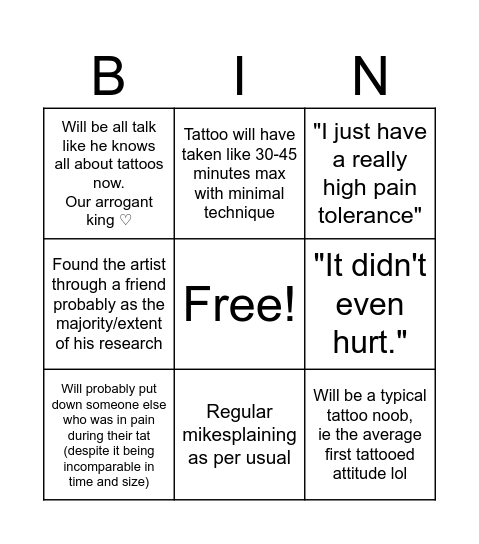 Mike Getting a Tattoo Bingo Card