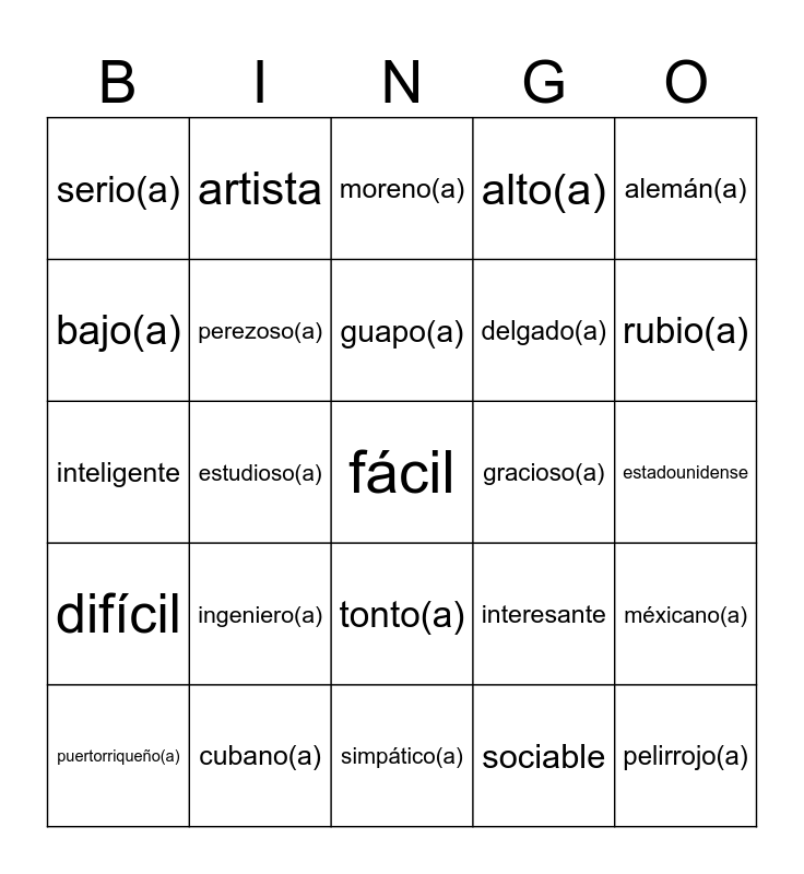 Los Adjetivos y M Bingo Card