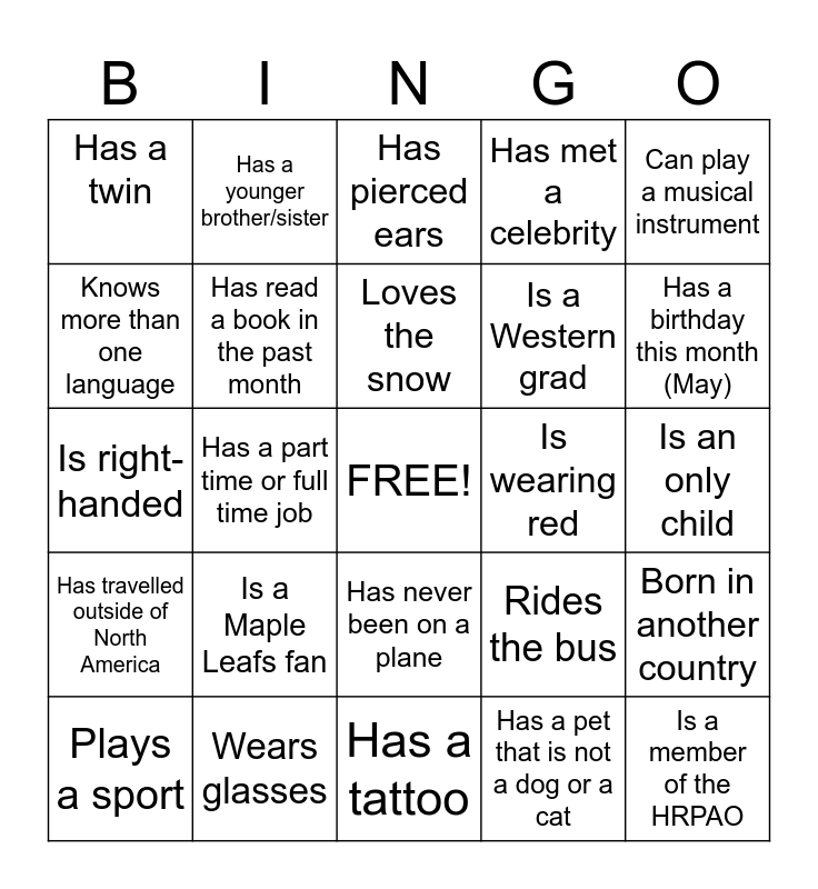 New Student Bingo Card