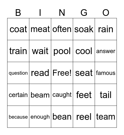 Letter Patterns Bingo Card